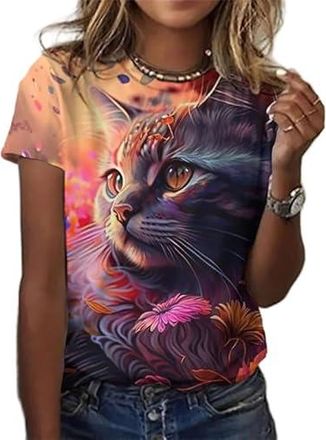 Keephen T-Shirt Femme Motif Chat Fleuri T-Shirts imprim&eacute;s 3D Animaux color&eacute;s T-Shirts d&eacute;t&eacute; d&eacute;contract&eacute;s Harajuku Tops Loose Manches Courtes Tee-Shirts &agrave; col R