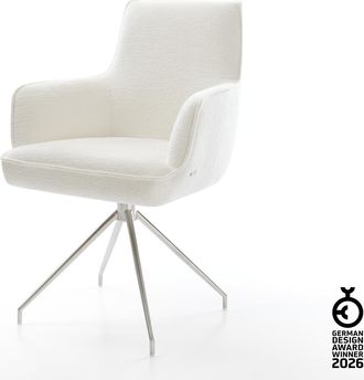 DELIFE Esszimmerstuhl Heira-Flex mit Armlehnen Boucl&eacute; Soft Beige Kreuzgestell konisch Edelstahl Taschenfederkern, Esszimmerst&uuml;hle