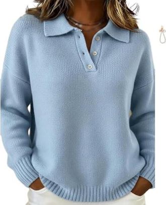 Generic Pull classique &agrave; col en V boutonn&eacute; pour femme - Couleur unie - Automne et hiver, bleu ciel, XXL