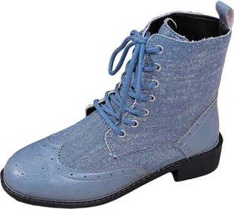 Generic Bottes &agrave; lacets d&eacute;contract&eacute;es en denim pour femme - &Eacute;l&eacute;gantes - Patchwork - Antid&eacute;rapantes - Classique - Talon bas et &eacute;pais - Confortables - Pour laut