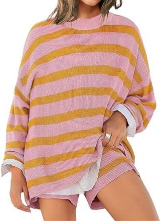 Generic Ensemble Pull ray&eacute; Mignon pour Femme, Ensemble de d&eacute;tente Oversize en Maille, Short, Pyjama Confortable, Pull &agrave; Manches Longues Assorti, Orange, Taill