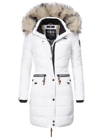 Navahoo Damen Wintermantel warmer Steppmantel lang mit abnehmbarer Kunstfell-Kapuze Paula Wei&szlig; Gr. M