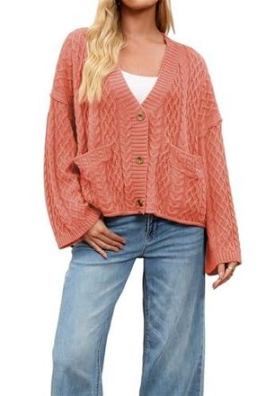 Generic Cardigan dhiver ample en tricot torsad&eacute; de couleur unie avec poches, v&ecirc;tement dext&eacute;rieur ample ouvert sur le devant pour femme, rouge past&egrave;que, XL