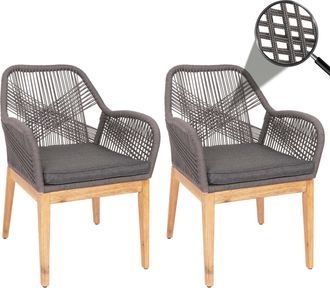 Mendler 2er-Set Gartenstuhl HWC-H56b, Sessel Outdoor, wetterfest Seilgeflecht Holz Akazie - grau Kissen anthrazit