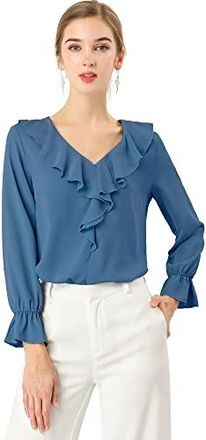 Allegra K Chemisier en Mousseline de Soie à col en V et à Volants pour Femmes Bleu Poussiéreux 3XL