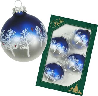 Krebs Glas Lauscha Weihnachtsdekoration/Christbaumschmuck aus Glas - Weihnachtskugeln - Motiv: Blau/Silber Winterwald - 4 Stück - Größe: ca. 7 cm