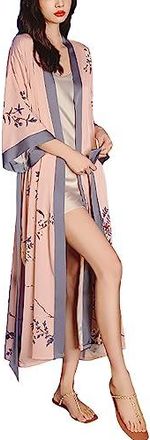 Generic Robe de matin en soie pour femme - Poids l&eacute;ger - Robe de chambre pleine longueur - Pyjama en satin confortable - Robe kimono en dentelle florale - Rob