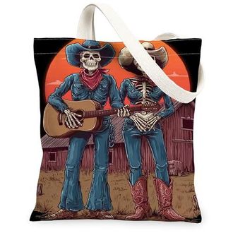 Generic Sac fourre-tout vintage en toile, motif cowboy artistique, r&eacute;utilisable, l&eacute;ger et lavable avec bandouli&egrave;re, noir, 13x15 Inch