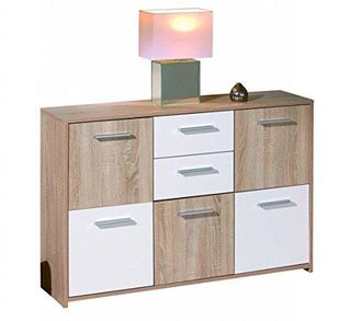 Inter Link SAS Commode - Buffet - Commode 5 portes et 2 tiroirs - 2 coloris - Revêtement mélaminé - Décor chêne Sonoma et blanc - LxPxH : 115x30x77 cm - Elvezia