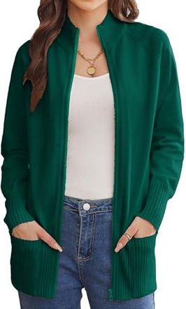Grace Karin Cardigan long pour femme UK Automne Dehors Col montant Fermeture &eacute;clair &Eacute;lastique avec poches, vert fonc&eacute;, XXL