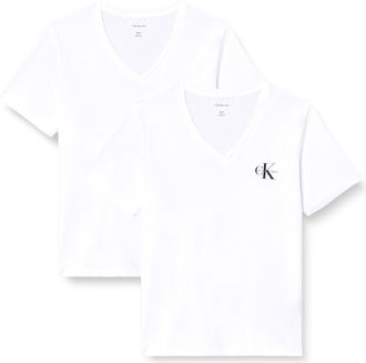 Calvin Klein Damen 2er Pack T-Shirts Kurzarm Logo Tee mit V-Ausschnitt, Wei&szlig; (Brilliant White), M