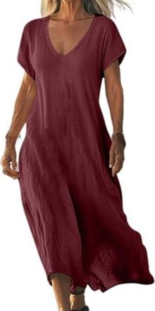 Generic Robe de plage d&eacute;t&eacute; en coton &agrave; manches courtes et col en V pour femme - Robe longue confortable et fluide, bordeaux, 3XL