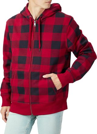 Amazon Essentials Herren Fleece-Kapuzenpulli mit durchgehendem Reißverschluss (erhältlich in den Größen Big & Tall), Schwarz Rot Buffalokaros, XXL
