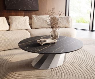 DELIFE Couchtisch Edge Rund 100x100 cm Keramik Laminam Noir Desir Braun Parabi Edelstahl geb&uuml;rstet, Couchtische