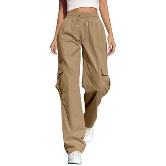 Generic Pantalon d&eacute;contract&eacute; 2026 pour femme, jambe droite, taille &eacute;lastique, avec poches, confortable pour un usage quotidien et le sport, kaki, XXL