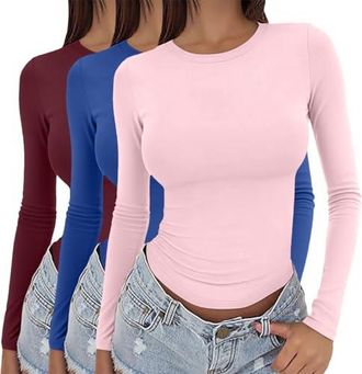 Generic Lot de 3 hauts &agrave; manches longues pour femmes Y2K - Sous-v&ecirc;tements thermiques de base ajust&eacute;s - T-shirts slim ajust&eacute;s pour sortir - Col rond extensible