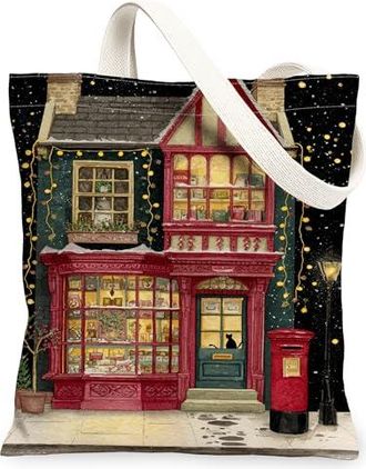 Generic Sacs fourre-tout vintage en toile, motif b&acirc;timent, sacs d&eacute;picerie, sacs d&eacute;picerie r&eacute;utilisables, l&eacute;gers et lavables avec bandouli&egrave;re pour voyage, piqu