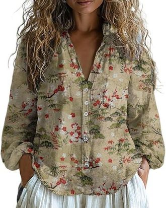 Generico Chemise Femme d&Eacute;t&eacute; Curvy &agrave; Manches Longues Chemisier en Lin Coton &Eacute;l&eacute;gant Grande Taille Blouse Col en V L&eacute;ger T Shirt Vintage Imprim&eacute; avec Boutons Dou