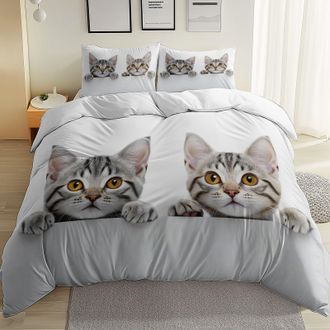 Generic Bettwäsche Set 155 x 200 cm, Süß Haustier Katze Gedrucktes Muster, Grau Orange Gebürstete Mikrofaser Weiche & Atmungsaktive Bettwäsche-Sets mit Reißve