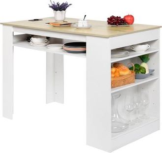 Eggree Table &agrave; Manger avec Rangement et Prise &Eacute;lectrique - Table Cuisine Multifonction pour Cuisine et Petit Espace - Design Ch&ecirc;ne/Blanc 110x60x78cm