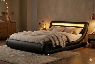 Concept Usine | Lit Double Seattle 160x200 cm avec LED | Design Moderne en Simili Noir | T&ecirc;te de Lit Lumineuse | T&eacute;l&eacute;commande LED 4 Couleurs Incluse | Structure Ply