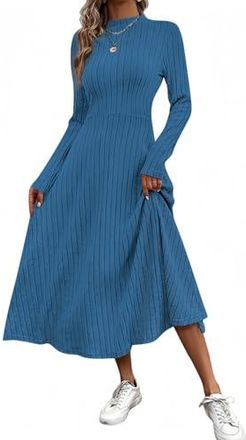 Generic Robe tunique en tricot &agrave; manches longues pour femme, robe d&eacute;contract&eacute;e &agrave; manches longues pour lautomne et lhiver, bleu, XXL