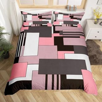 Generic Housse de Couette 240x280 G&eacute;om&eacute;trie Parure de Lit 3 Pi&egrave;ces Rose 3D Reversible Ensemble de Literie Adulte Microfibre Douce et Confortable avec 2 Taies 