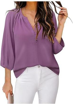Generic Robes boh&egrave;mes pour femmes, chemisiers habill&eacute;s et d&eacute;contract&eacute;s &agrave; col en V et manches 3/4, chemises boutonn&eacute;es en mousseline de soie 2026, violet, XXL