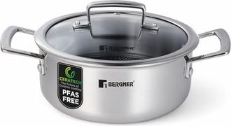 Bergner STEELBLUE | PFAS-Freier Tri-Ply Hybrid Kochtopf 20 cm mit Glasdeckel | CERATECH Keramikbeschichtung | Edelstahl | 3-lagig | induktionsgeeignet | Kratz