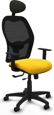 Piqueras y Crespo Arbeitsstuhl mit 1D-Armen, h&ouml;henverstellbarer Lendenwirbelst&uuml;tze und festem Kopfteil, ausgestattet mit Syncro/Traslack und Schneideschaum, Schwarz/Gel