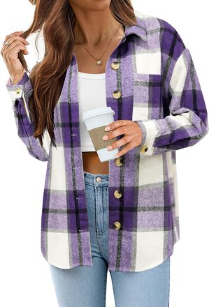 Zeagoo Damen Flanell Hemdjacke Karierte Hemdbluse Blusenjacke mit Taschen Knopfleiste Shacket Karo Oberteile Langarm &Uuml;bergangsjacke Westernhemd Herbst Winter