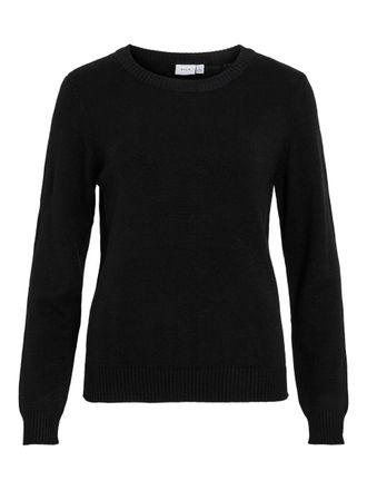 Vila Damen Strickpullover Rundhalsausschnitt O-Neck L/S Knit Top,Schwarz,XL