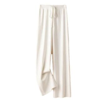 Generic Pantalon en cachemire pour femme - Jambe droite - &Eacute;pais - D&eacute;contract&eacute; - Drap&eacute; - Pantalon dext&eacute;rieur taille haute, Blanc cr&egrave;me, L