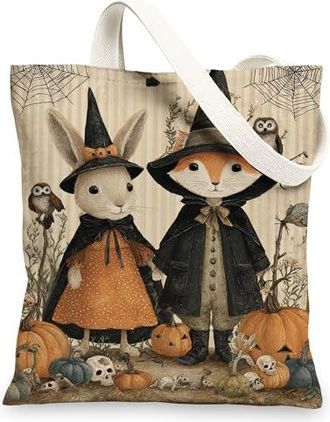 Generic Sacs fourre-tout en toile pour Halloween, motif de sorcière, sacs à provisions réutilisables, art vintage, léger, lavable à lépaule Stra, Orange, 13x1