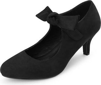 Allegra K Escarpins &agrave; talon chaton &agrave; bout rond avec crochet et boucle pour femme, Noir, 38.5 EU