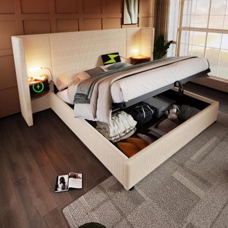 Liberte Lit coffre,lit adulte 160x200,avec table de chevet, lampe de lecture et fonction de recharge USB Type-C,velours