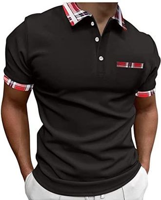 Generic Polo à manches courtes et col à carreaux pour homme - Polo de travail décontracté Polo de travail Polo dété à manches courtes avec boutons de boutonna