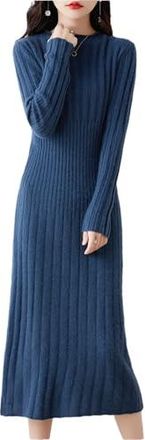 Generic Robe pull longue en laine m&eacute;rinos &agrave; rayures avec col rond et jupe pliss&eacute;e pour femme, bleu, L