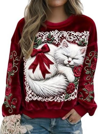 Generic Sweat-Shirt de No&euml;l en Flanelle avec imprim&eacute; Chat pour Femme, Style d&eacute;contract&eacute;, &eacute;l&eacute;gant, Doux et Chaud, Pull de No&euml;l Fantaisie &agrave; col Rond, Haut de Va