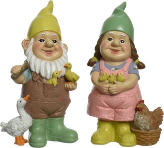 Decoris Gartenzwerg Paar Bauer & Bäuerin 12x9x22cm Keramik mit Tieren 2er Set - Gartendeko Gartenfiguren Bauernhof - Gartenwichtel & Garten Deko Wichtel Figur