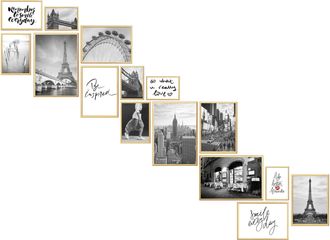 Wackadoo Bilderrahmen Set 15er 10x15 cm, 13x18 cm, 15x20 cm, A4 21x29,7 (DIN A4) mit echten Glasscheiben, Treppenaufgang, verschiedene Größen gold, photo frame