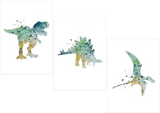 Supvox 3 St&uuml;ck Dinosaurier Leinwandbild 20X25cm ohne Rahmen Aquarell Wandbild Kinderzimmer Wohnzimmer Wanddeko
