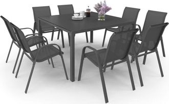 IDMarket Salon de jardin MADRID table carr&eacute;e 130 CM et 8 chaises empilables gris anthracite