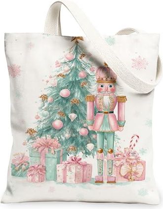 Generic Sacs fourre-tout en toile motif casse-noisette de No&euml;l, sacs d&eacute;picerie r&eacute;utilisables, l&eacute;gers et lavables avec bandouli&egrave;re, blanc, 13x15 Inch