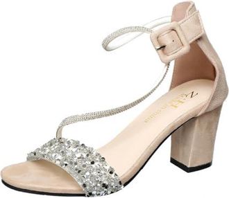 Generic Escarpins &agrave; talons mi-&eacute;pais pour femme - Bout ouvert - Paillettes - Strass - Sangle de cheville - Chaussures de f&ecirc;te de mariage, abricot, 40.5 EU