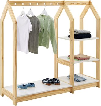 IDIMEX Kinder Kleiderständer Sally, Natur/weiß - Kinderzimmer Schrank Hausform, offener Kleiderschrank nach Montessori aus Kiefer mit 7 Löchern für Kleiderbü