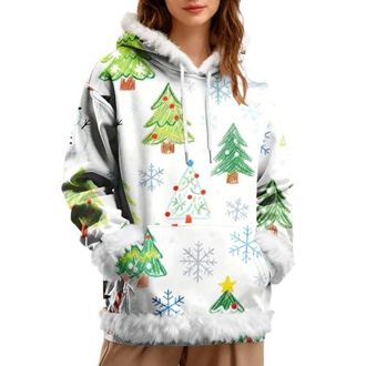 Generic Sweat à capuche pour femme avec col en peluche - Col moelleux - Élégant chemisier à manches longues - Haut imprimé mignon - Confortable - Pull de Noël