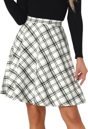 Allegra K Damen Plaids Vintage Tartan Elastische Taille Knielang A-Linie Rock, Weiss/opulenter Garten, X-Gro&szlig;