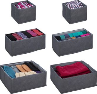 Relaxdays Schubladen Organizer, 6-teiliger Wäscheorganizer für Kleiderschrank, Schublade uvm., faltbar, 3 Größen, grau