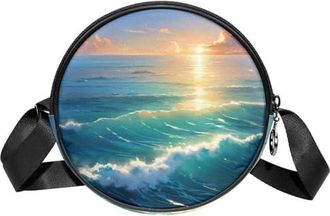 Generic Petit sac &agrave; bandouli&egrave;re Circle pour femme, motif coucher de soleil, sac &agrave; bandouli&egrave;re avec fermeture &eacute;clair, bretelles r&eacute;glables, sac &agrave; main rond d&eacute;co